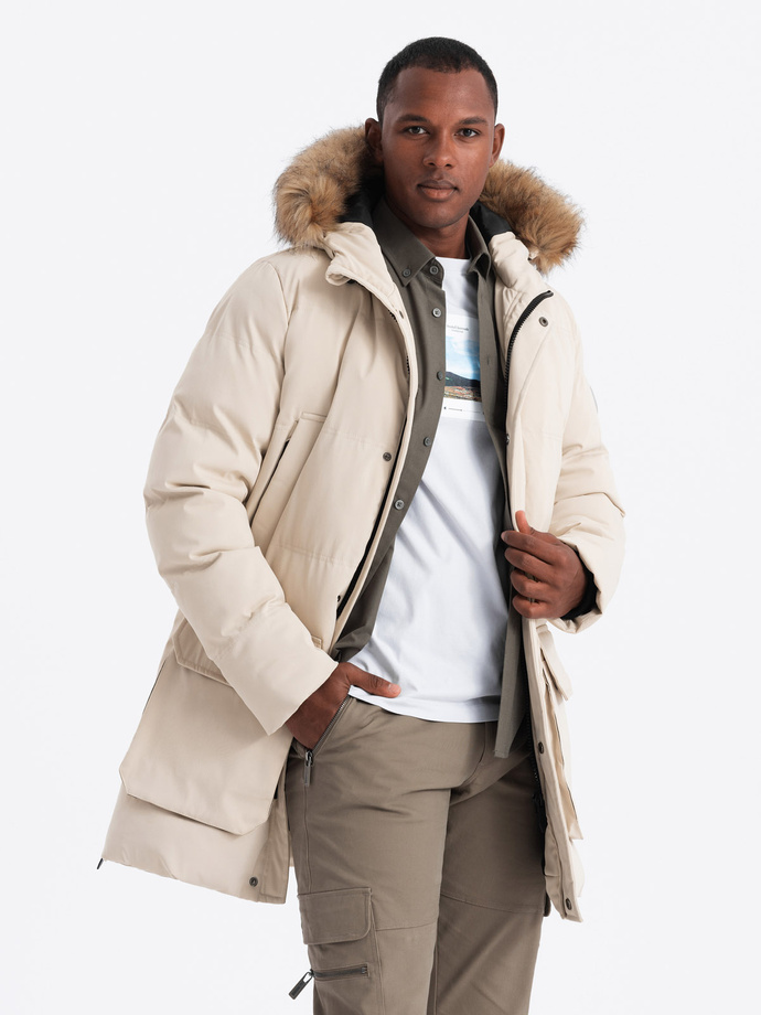 Men's long parka jacket with flared bottom - cream V1 OM-JALJ-0184 ...
