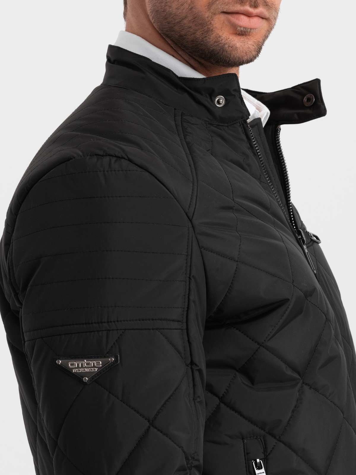 BIKER men's insulated jacket quilted in a diamond pattern - black V1 OM-JALP-22FW-006 | Ombre ...