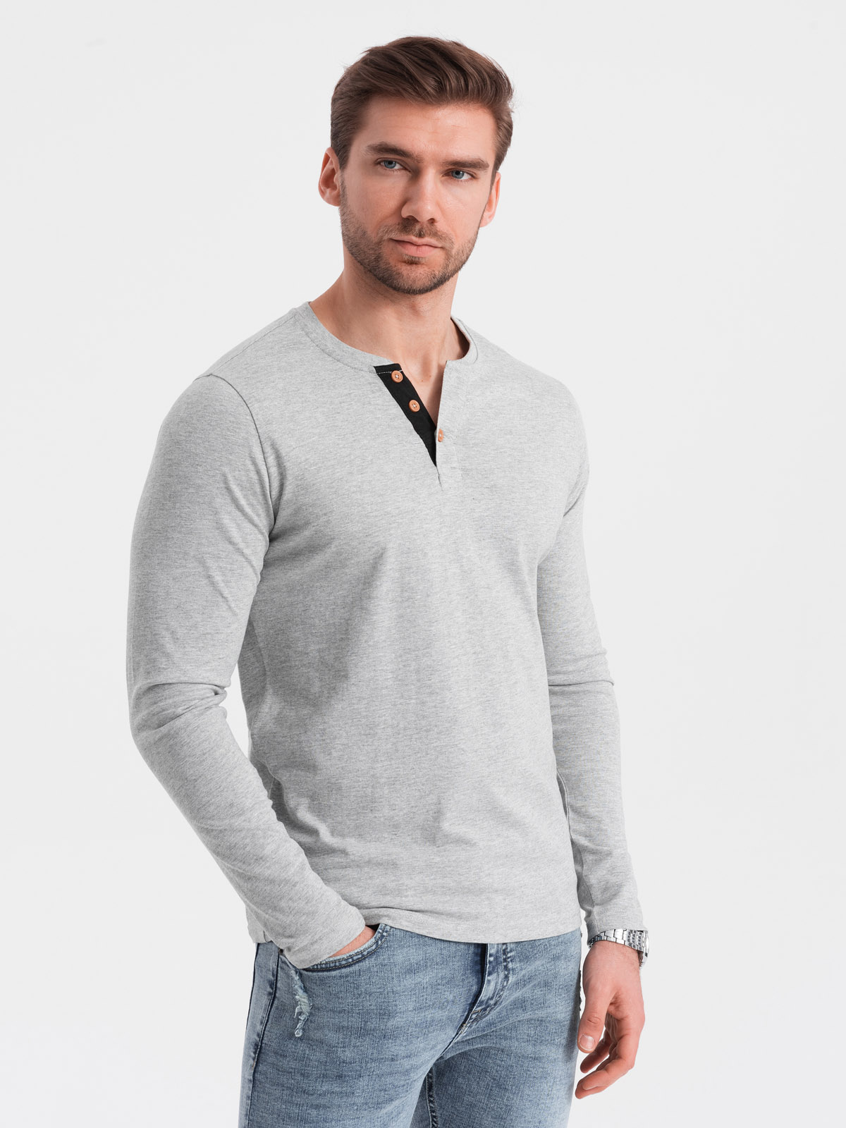 HENLEY men's neckline longsleeve - grey melange V8 OM-LSCL-0107 | Ombre.com - Men's clothing online