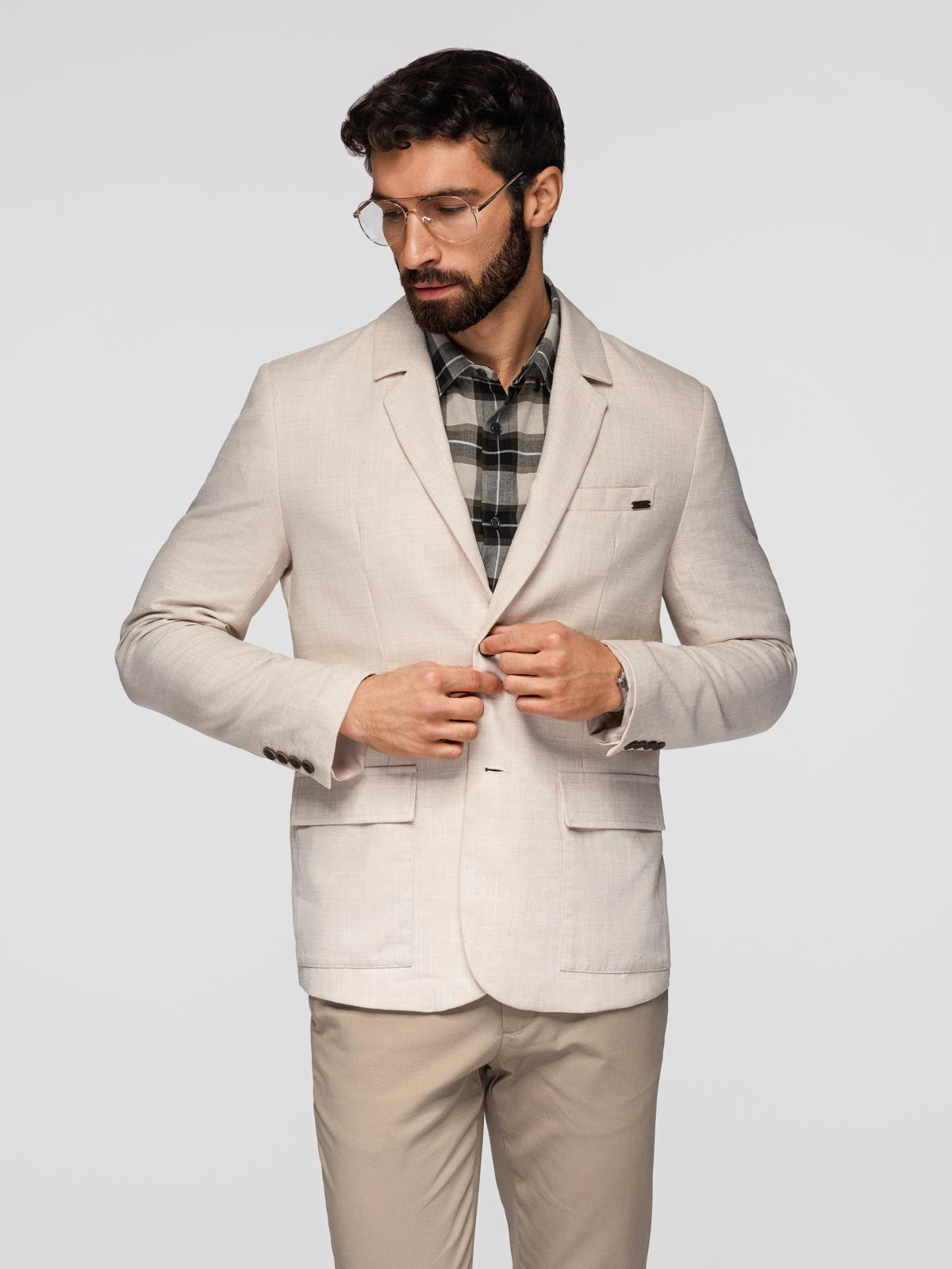 Men's REGULAR cut blazer with linen - cream V1 OM-BLZB-0128 | Ombre.com ...