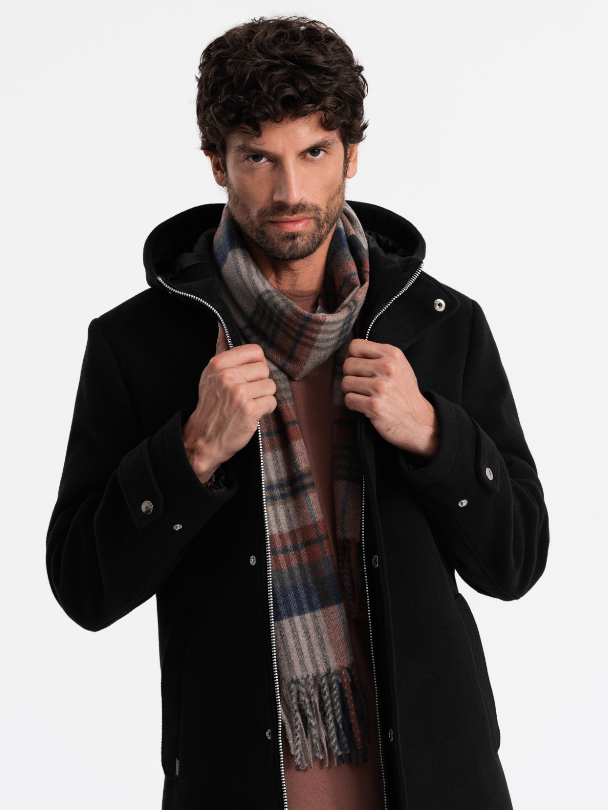 Men's Scottish check scarf with tassels - brown and brick V2 OM-ACSF ...