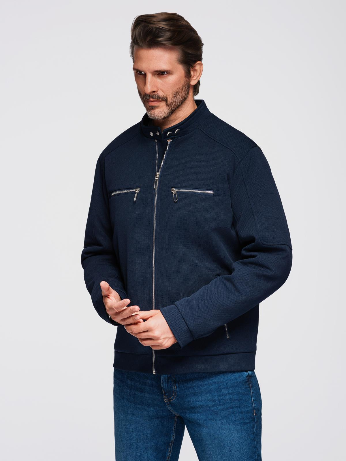 Men's biker jacket with collar and pockets - navy blue V1 OM-JALP-0157 ...