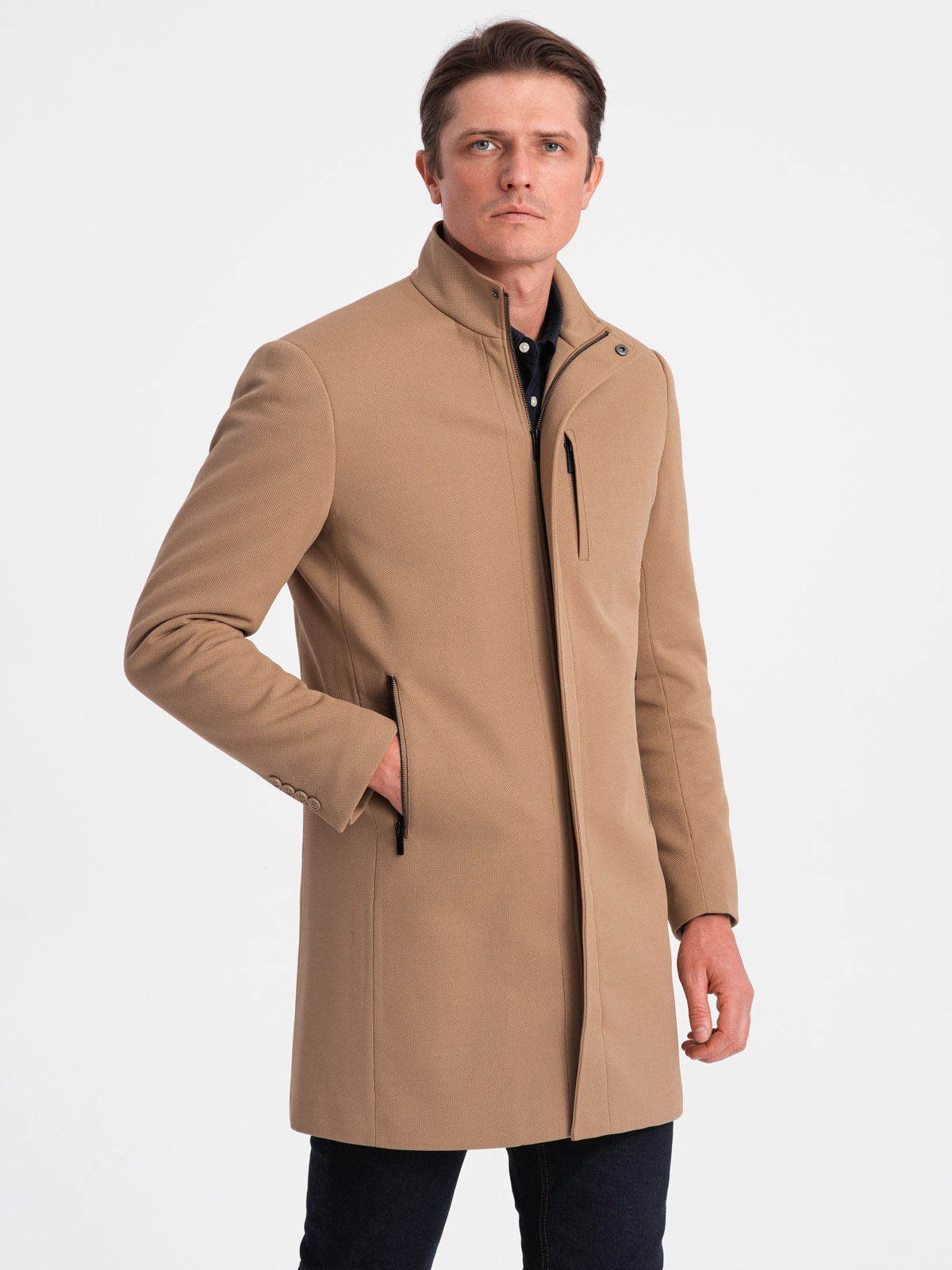 Men's coat with stand-up collar and quilted lining - camel V4 OM-COWC ...