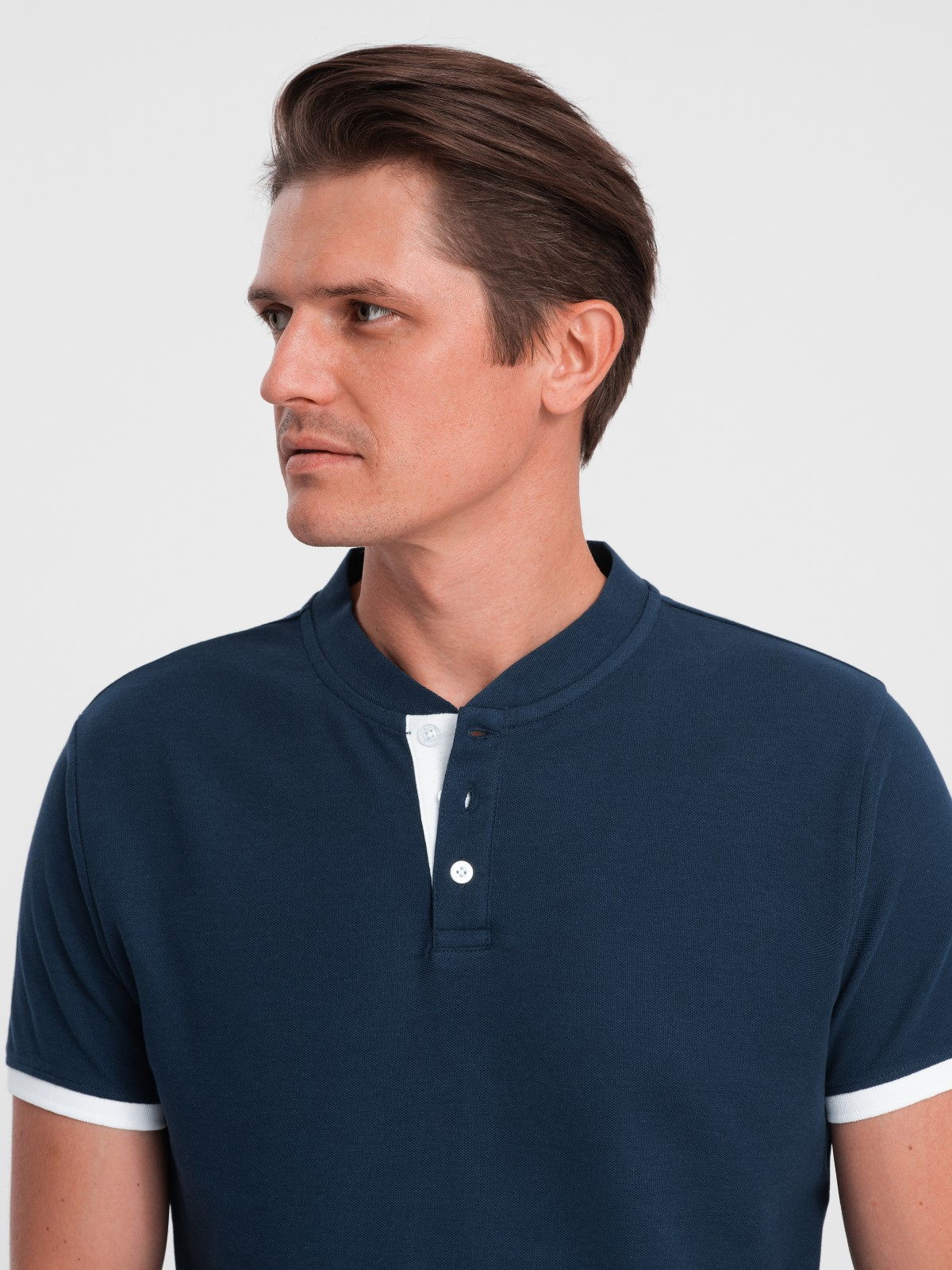 Men's collarless polo shirt - navy blue V4 OM-TSCT-0156 | Ombre.com ...