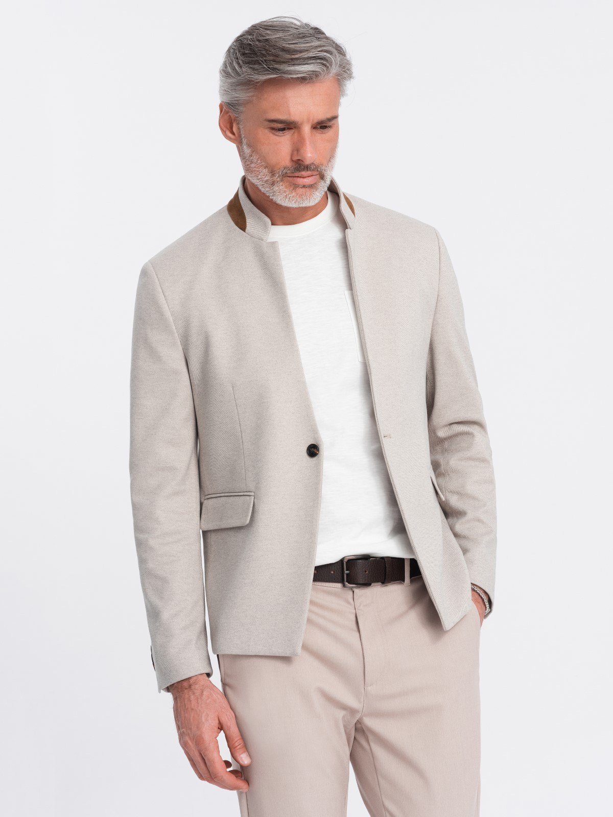 Men's melange rayon jacket with stand-up collar - beige melange V3 OM ...