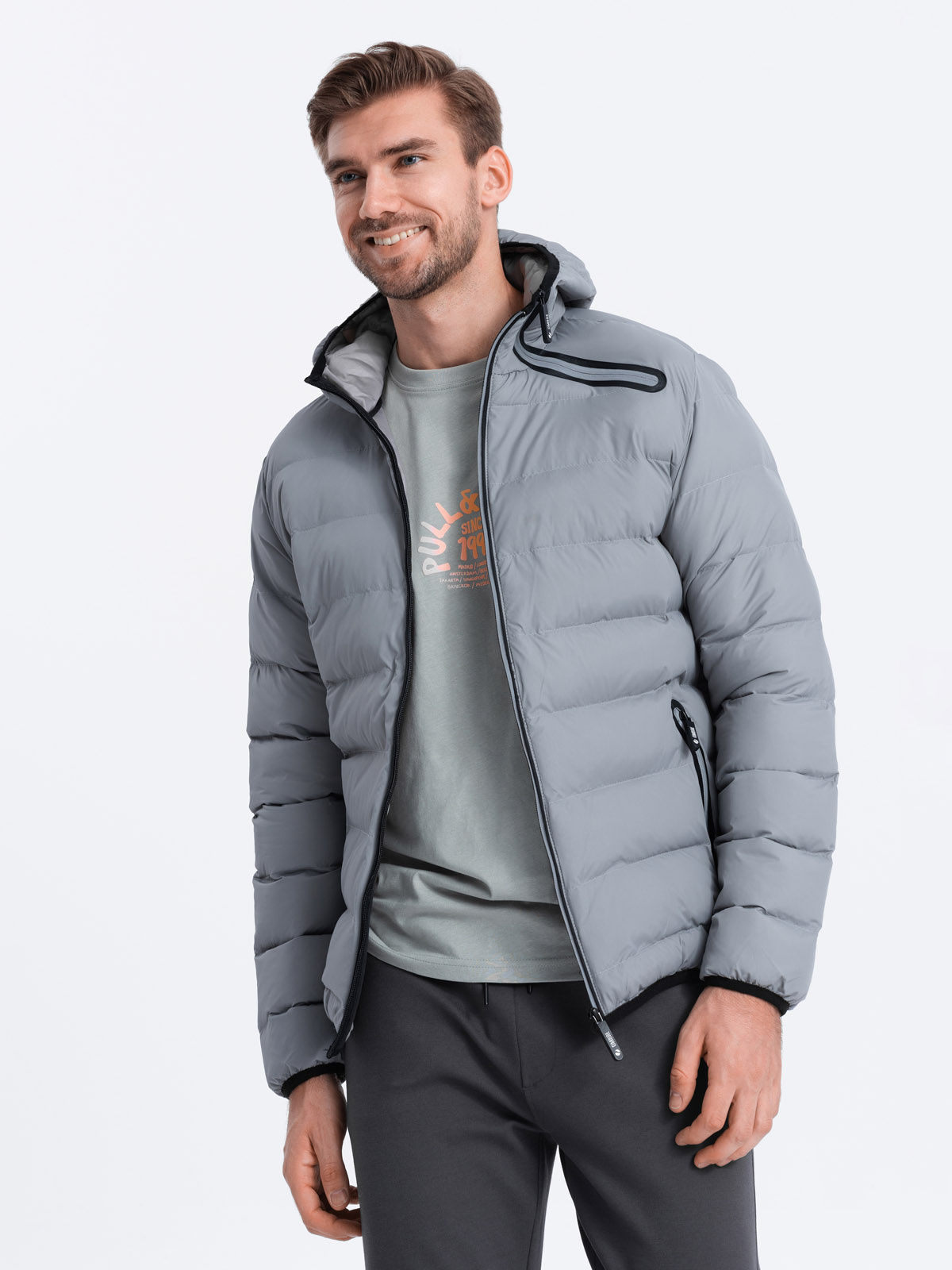 Men's mid-season quilted jacket - grey C451 | Ombre.com - Men's ...
