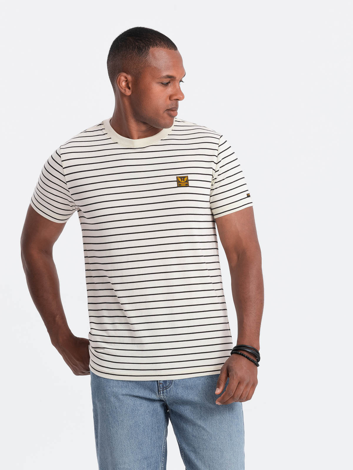Men's striped t-shirt with patch by Ombre Design - cream and black V1 ...