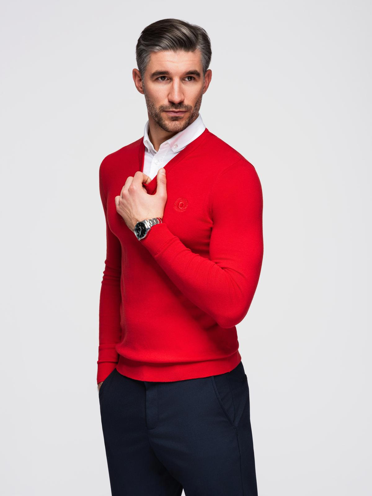 Men's sweater with a "v-neck" neckline with a shirt collar - red V4 OM ...