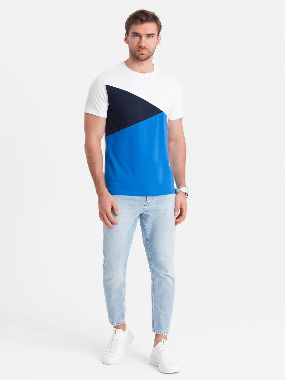 Men's tricolor cotton t-shirt - white and blue V4 OM-TSCT-0174 | Ombre ...