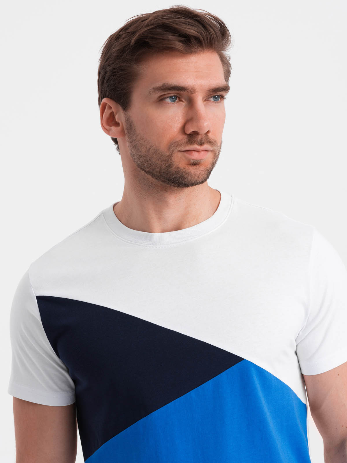 Men's tricolor cotton t-shirt - white and blue V4 OM-TSCT-0174 | Ombre ...