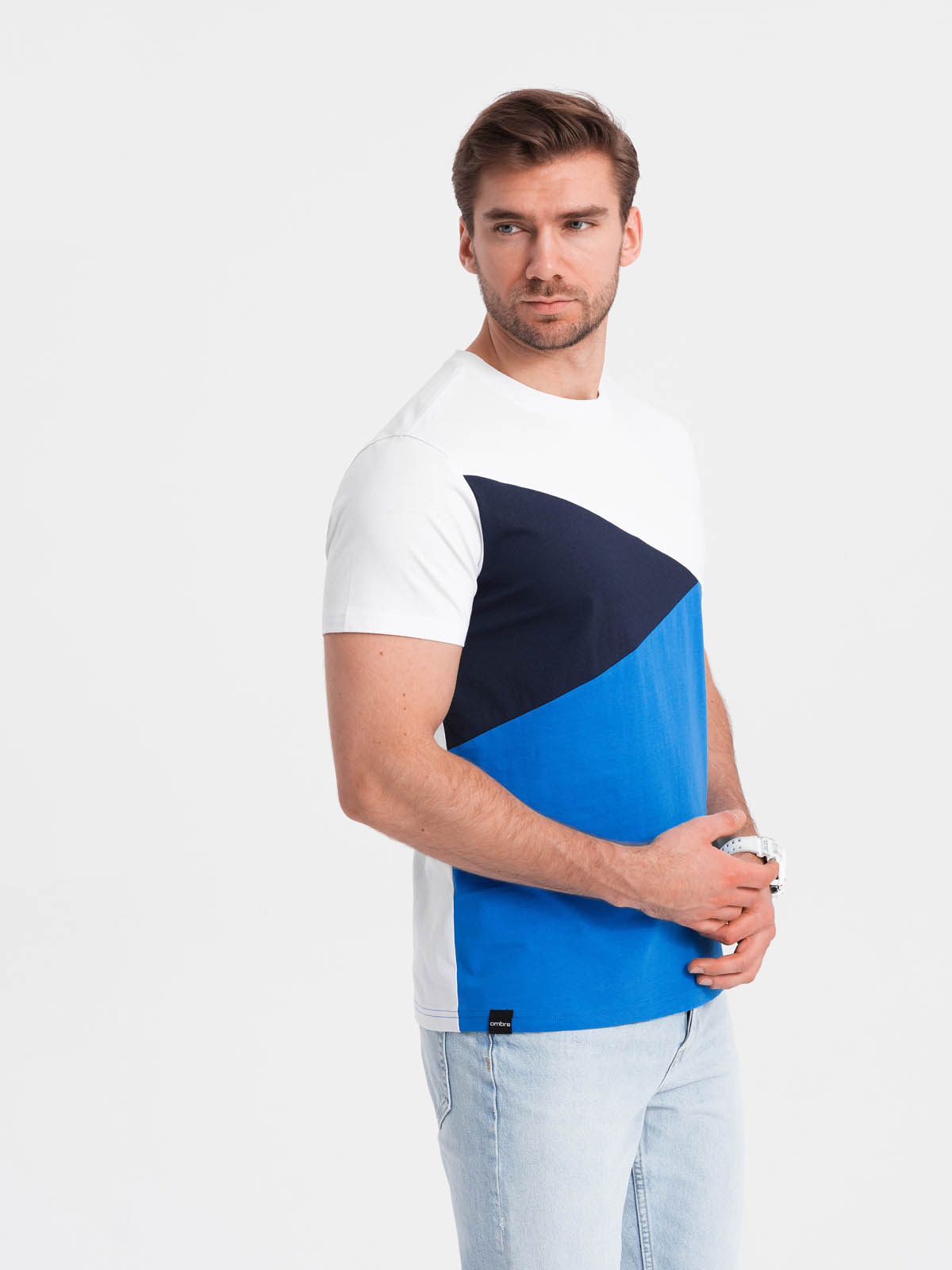 Men's tricolor cotton t-shirt - white and blue V4 OM-TSCT-0174 | Ombre ...