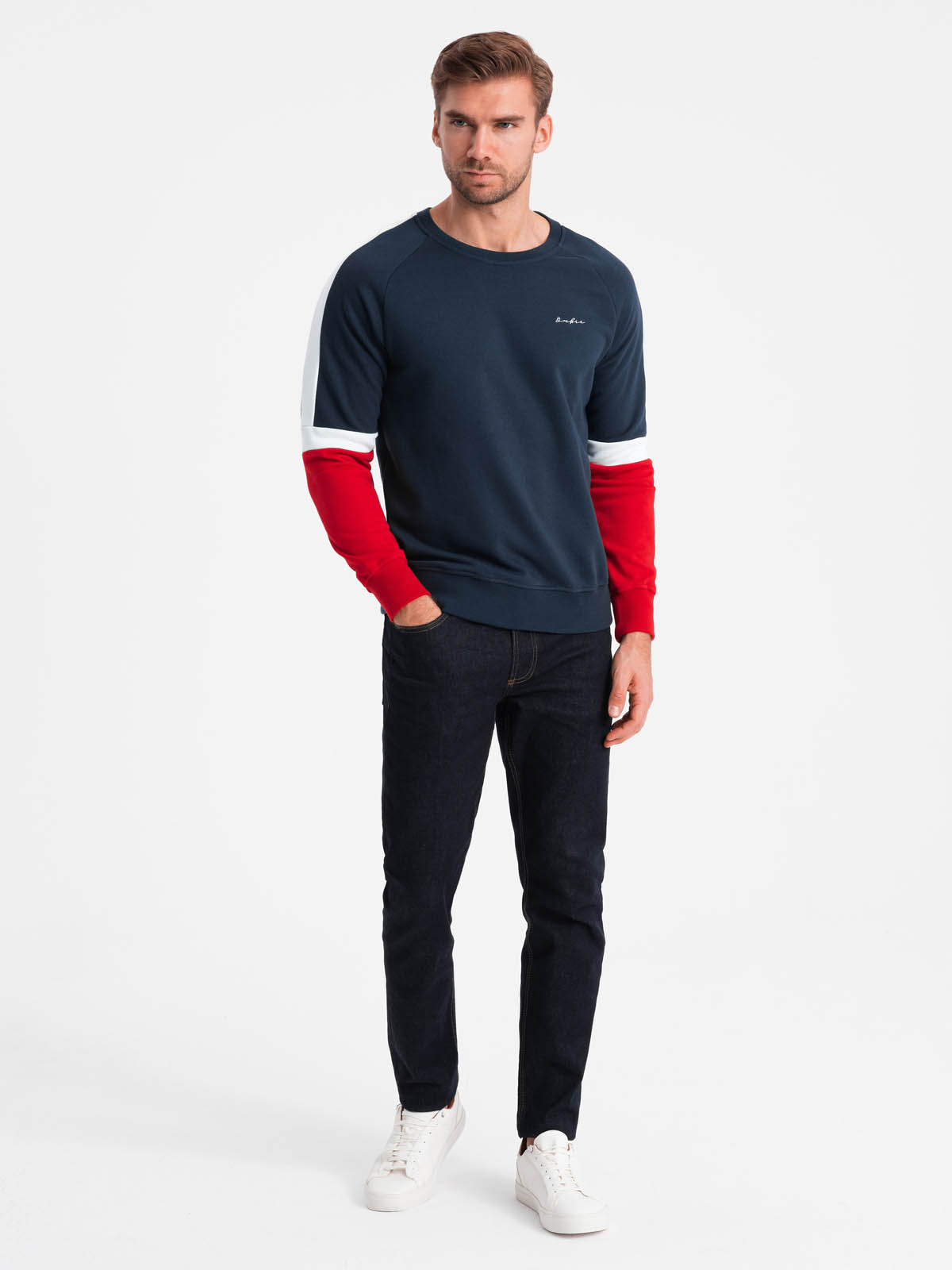 Tri-color men's sweatshirt with raglan sleeves - navy blue V2 OM-SSNZ-22FW-003 | Ombre.com - Men ...