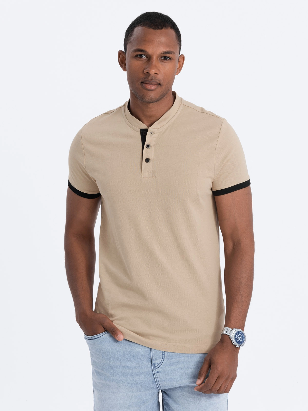 Men's collarless polo t-shirt - beige V5 S1381 | Ombre.com - Men's ...